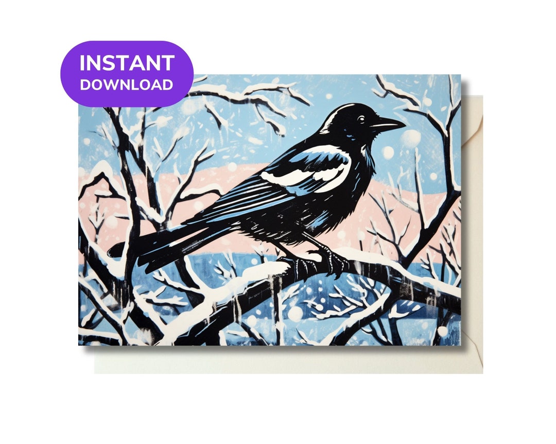 Printable Crow Magpie Snow Christmas Card: Download, Print, and Send ...