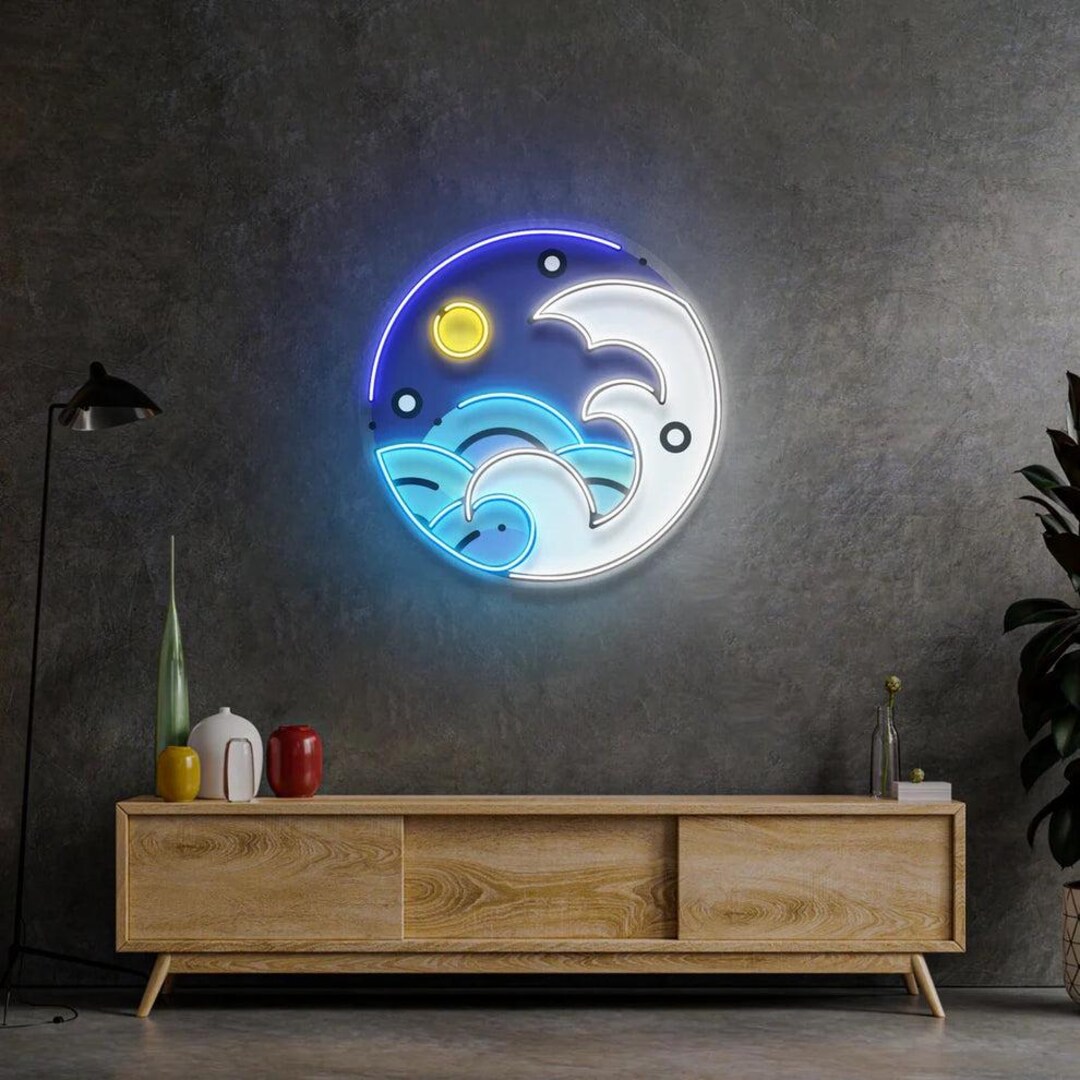 Ocean Wave Circle Neon Sign Aesthetic Blue LED Wall Decor for Bedroom ...