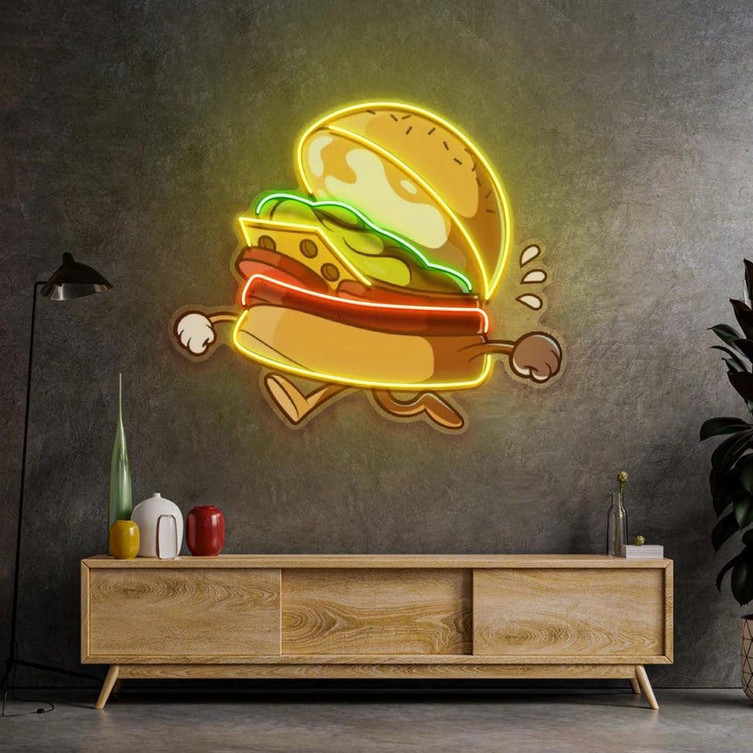 Walking Burger Neon Sign: Cartoon Food LED Decor - Etsy