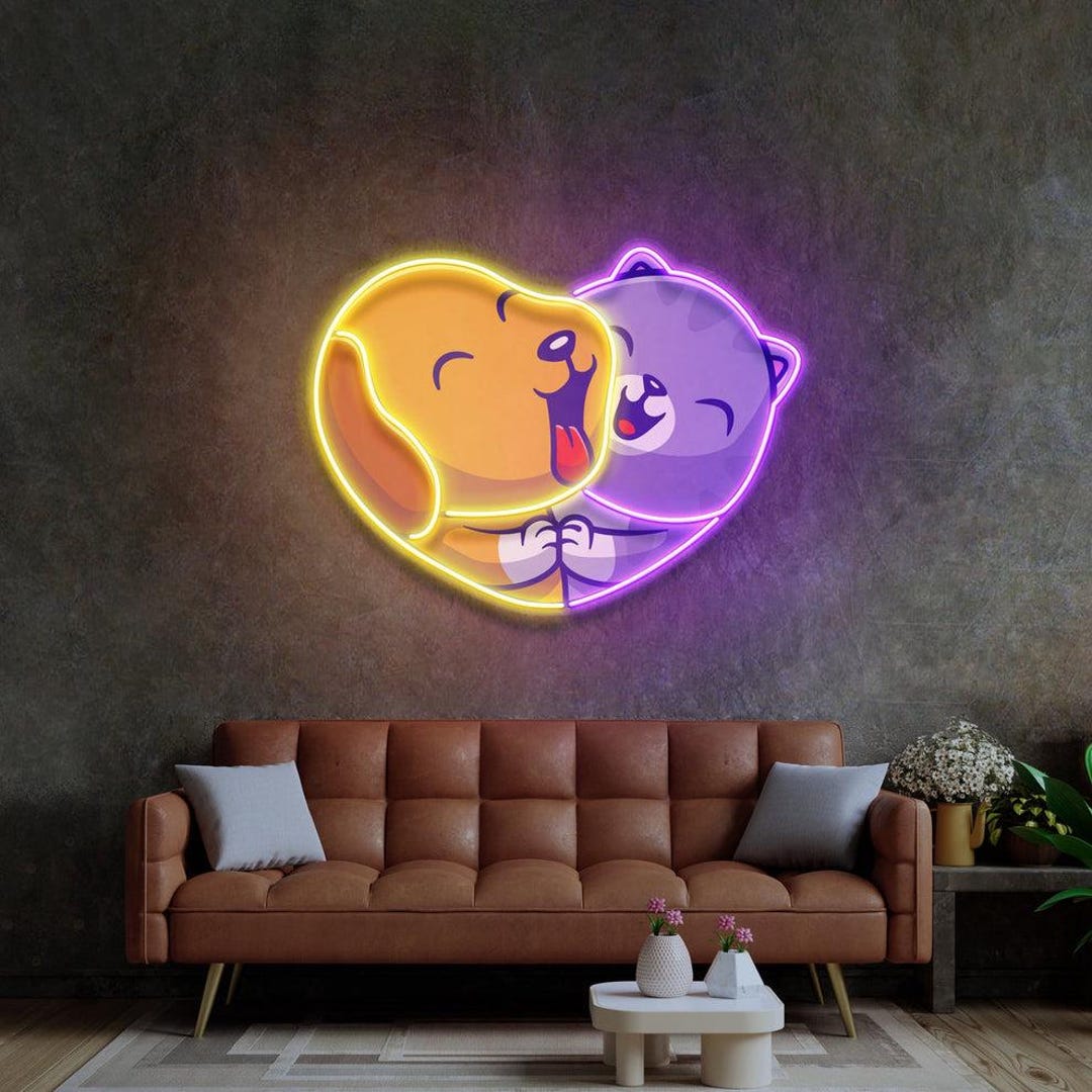 Cute Dog and Cat Hug Neon Sign Heart Shaped LED Wall Light Pet Lovers ...