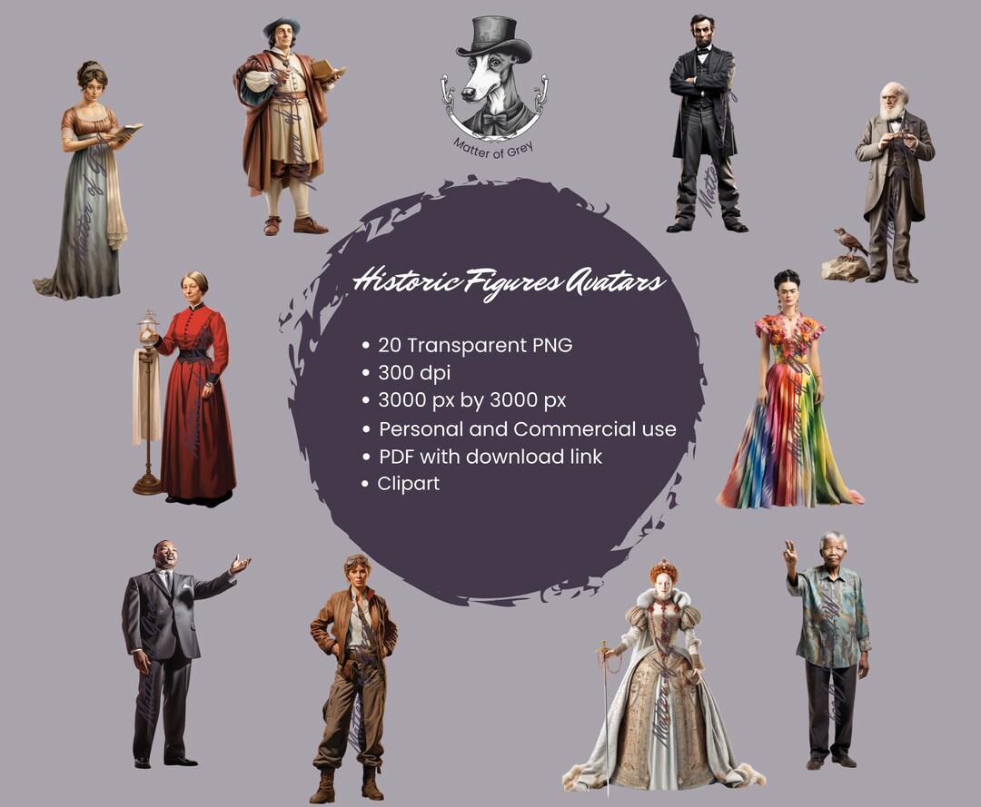 Important Historic Figures Avatar Clipart Collection - 20 Unique PNG ...