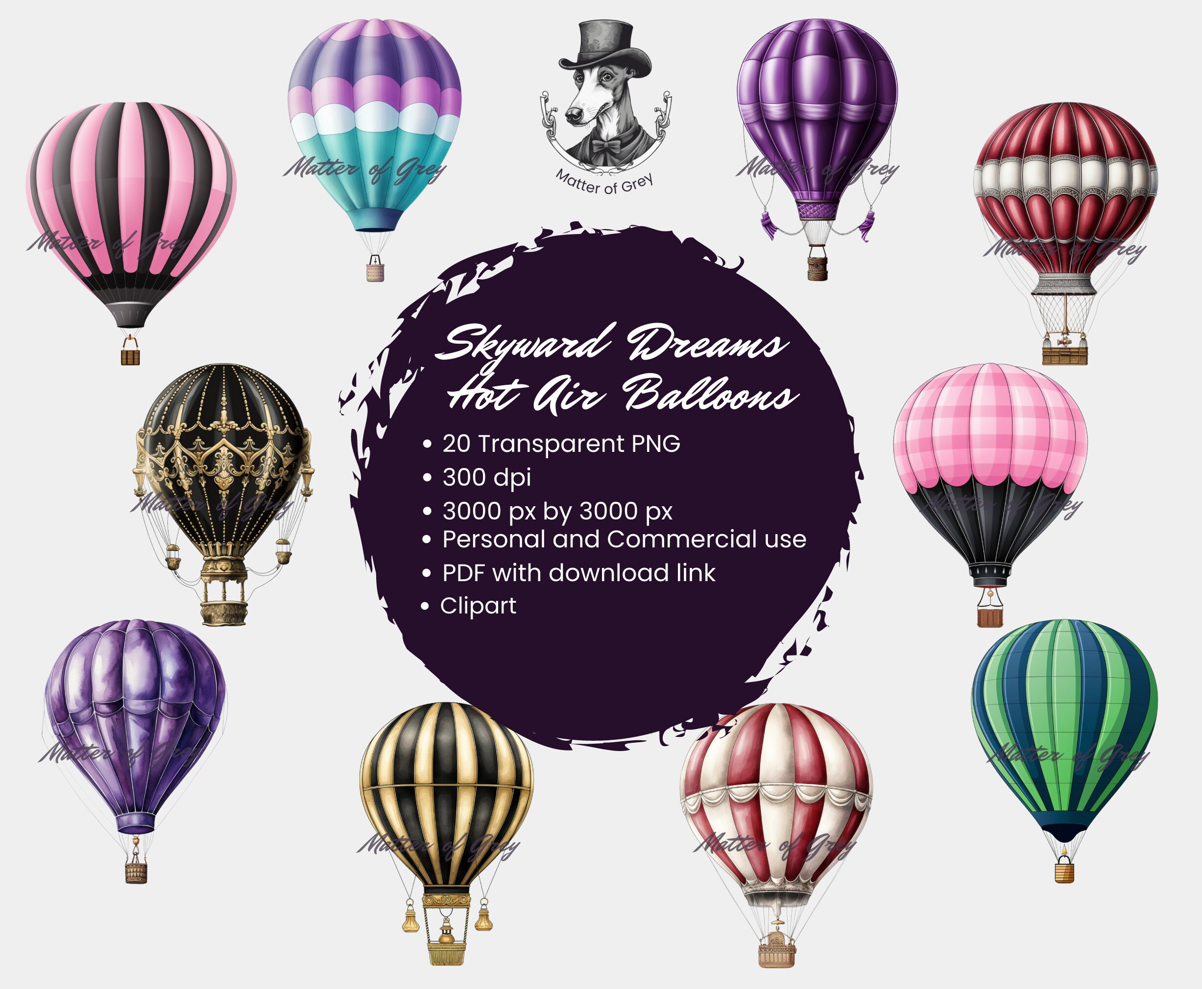 Hot Air Balloons Clipart for Instant Digital PNG Download for ...