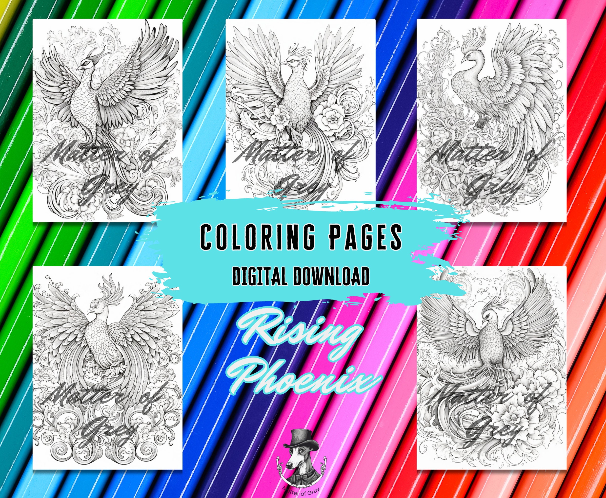 Rising Phoenix. Adult Kids Colouring Book, Art Therapy, Grayscale ...