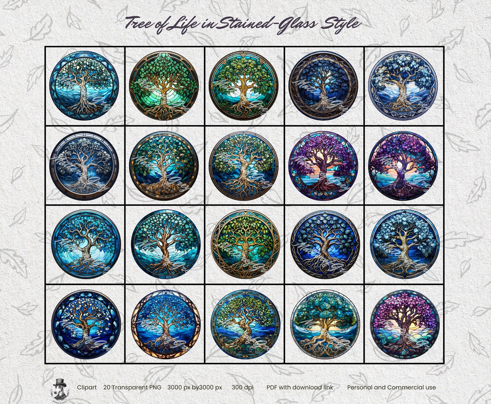 Stained Glass Style Tree of Life Clipart Set With 20 Transparent PNG ...