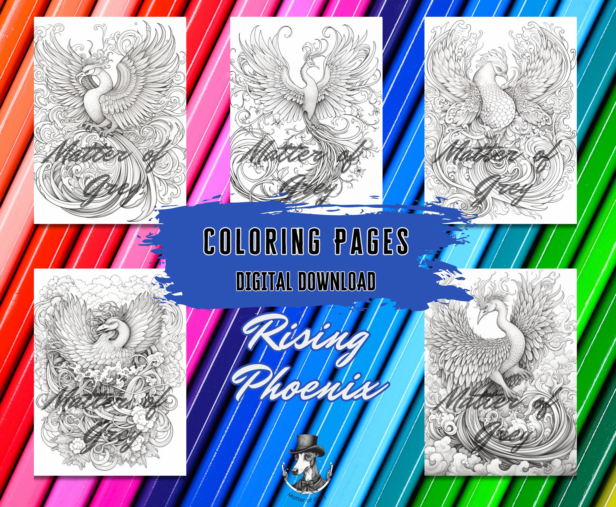 Rising Phoenix. Adult Kids Colouring Book, Art Therapy, Grayscale ...
