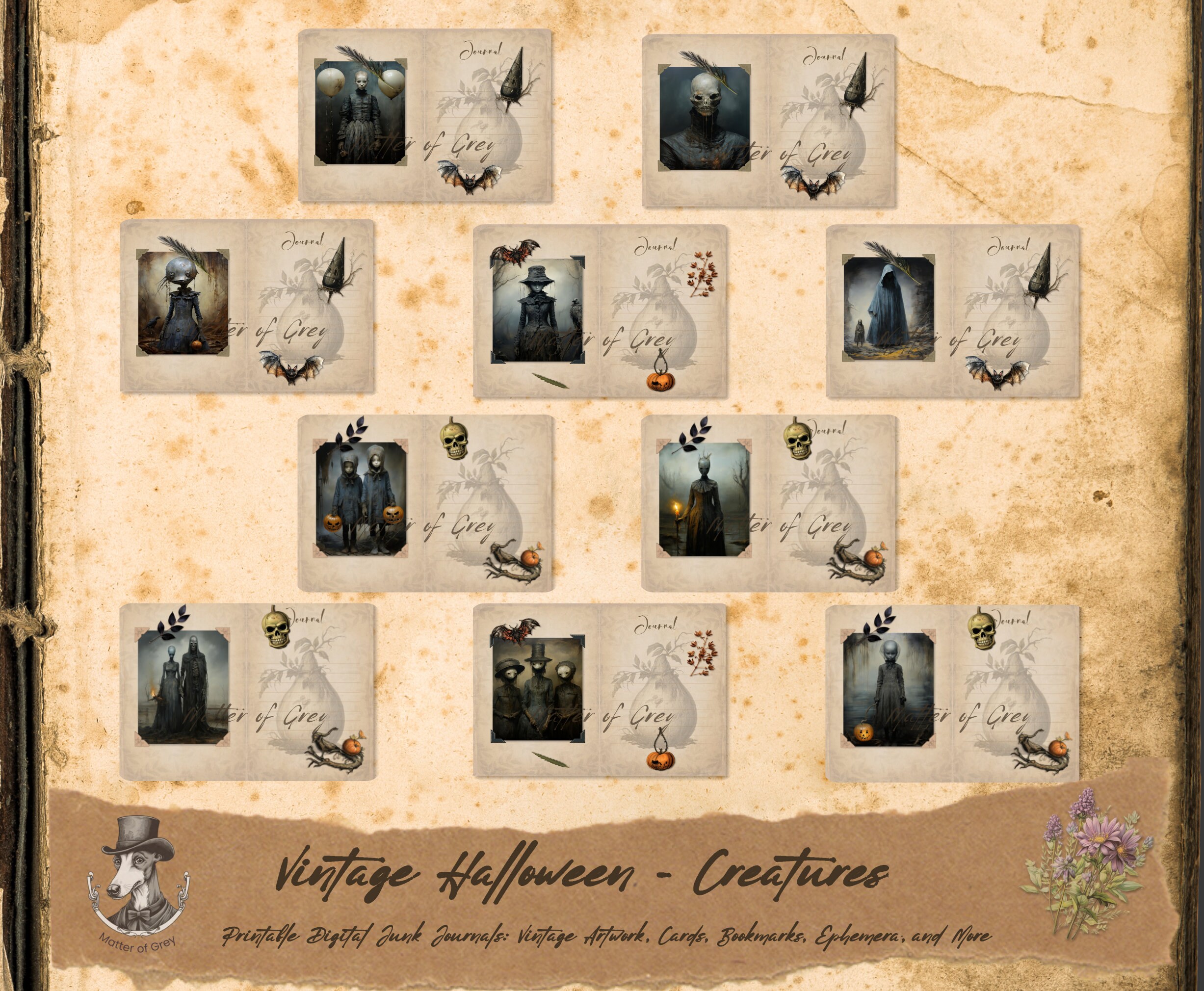 Vintage Halloween Creatures: 49 Printable Digital Scrapbook and Collage ...