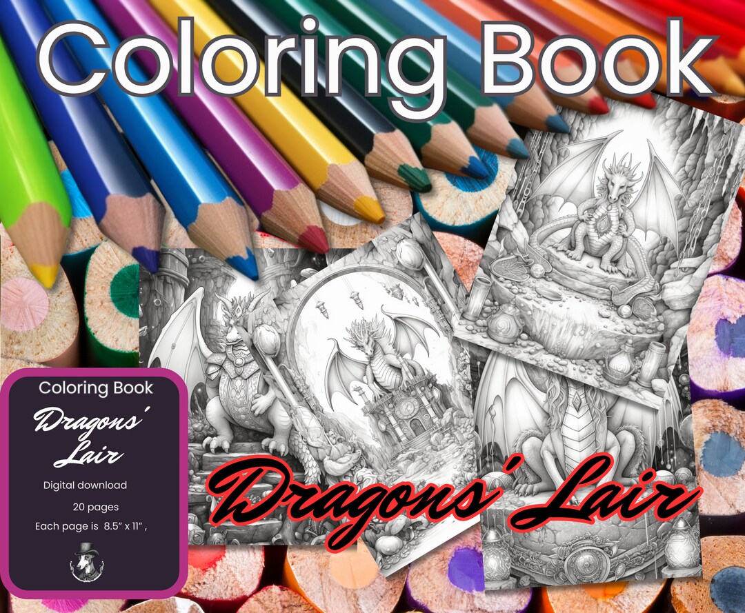 Dragons’ Lair. Adult Kids Colouring Book, Art Therapy, Grayscale ...