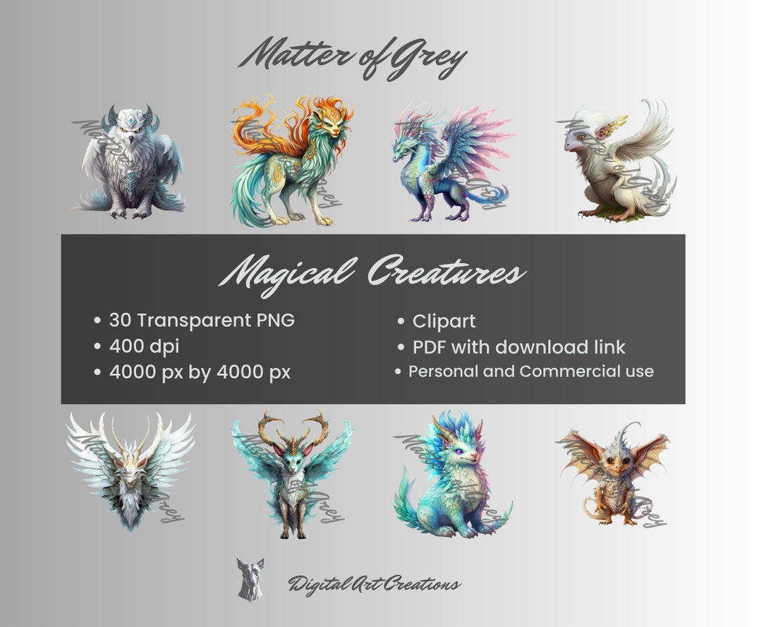 Cute Magical Creatures in Watercolor: 30 Transparent PNG Digital ...