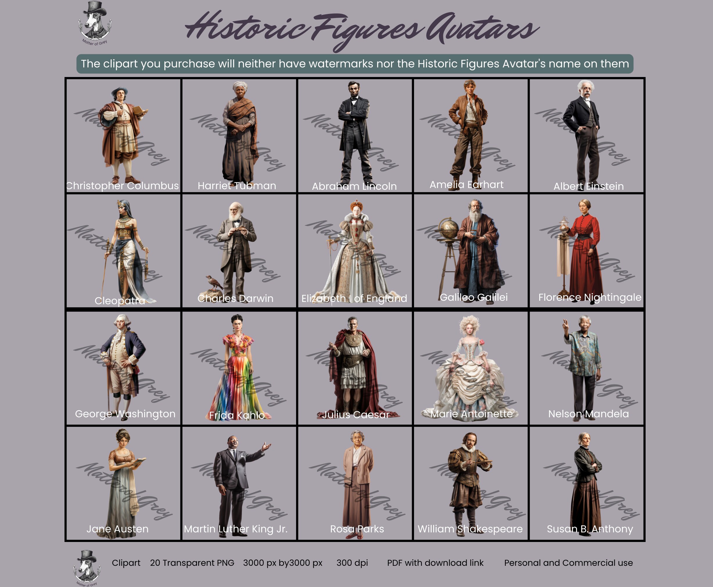 Important Historic Figures Avatar Clipart Collection - 20 Unique PNG ...
