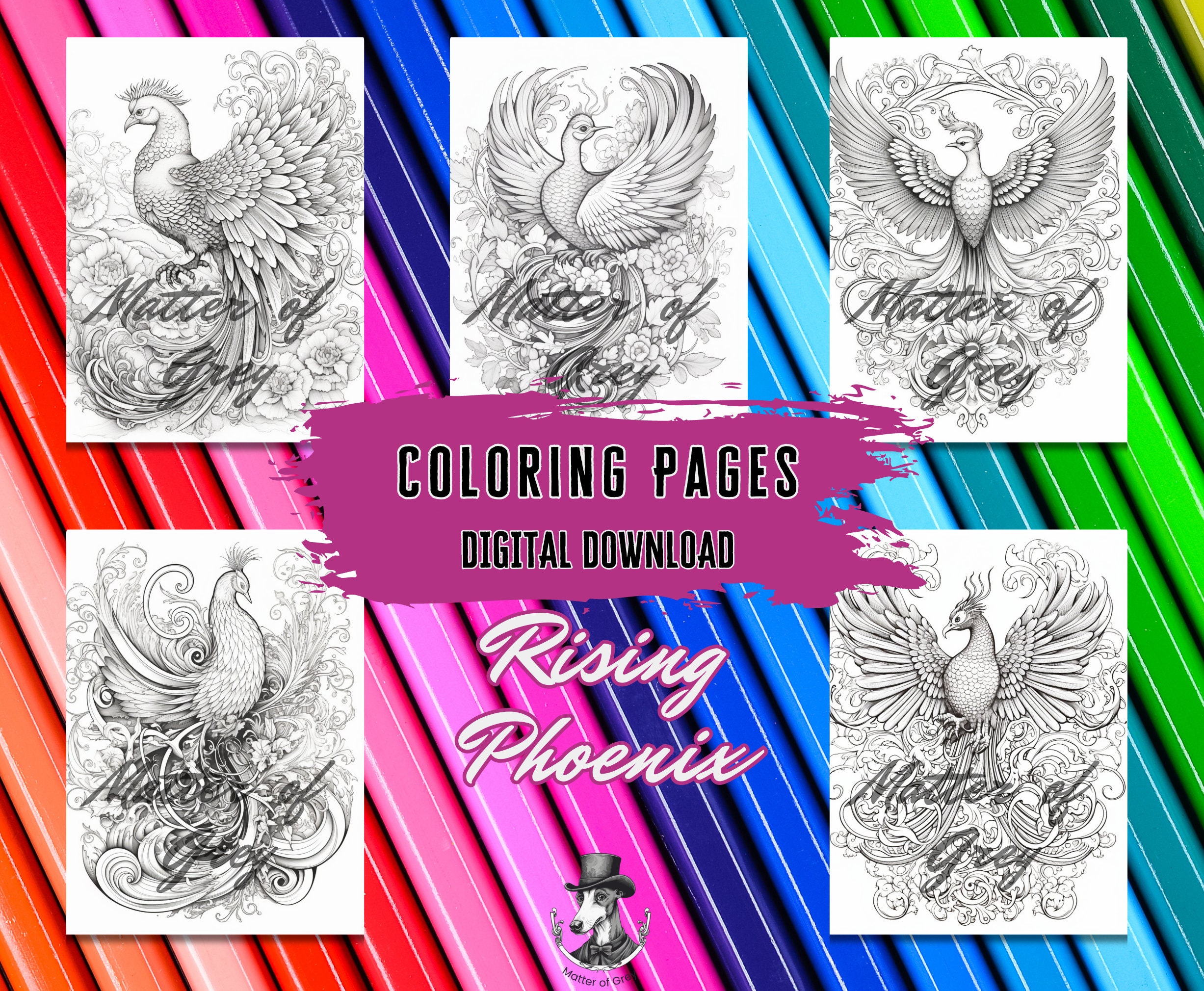 Rising Phoenix. Adult Kids Colouring Book, Art Therapy, Grayscale ...