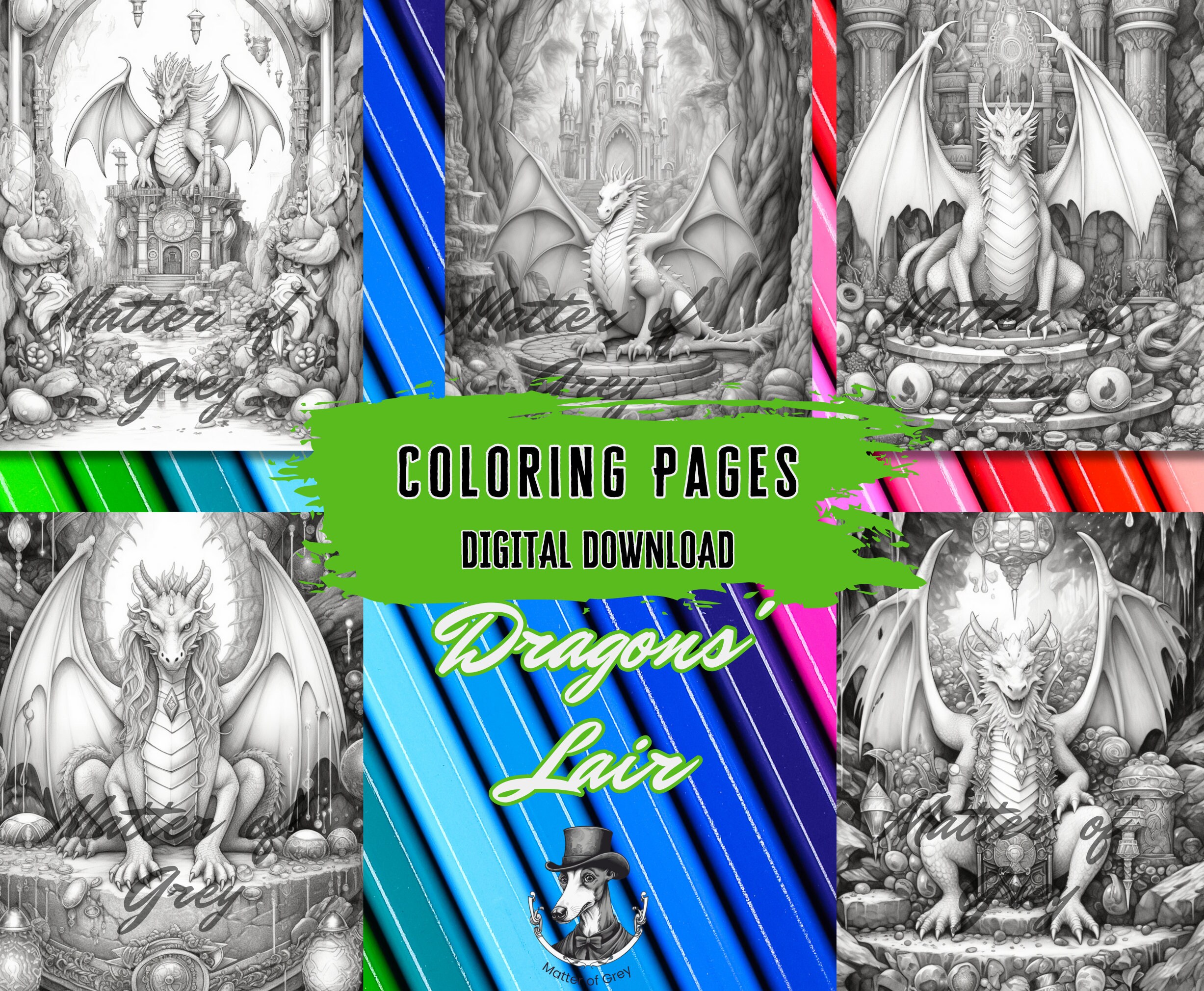 Dragons’ Lair. Adult Kids Colouring Book, Art Therapy, Grayscale ...