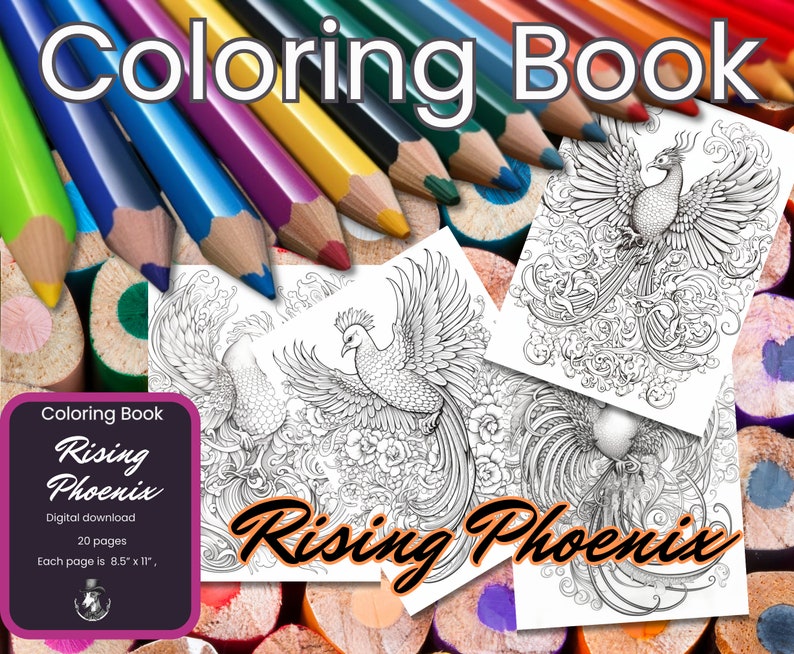 Rising Phoenix. Adult Kids Colouring Book, Art Therapy, Grayscale ...