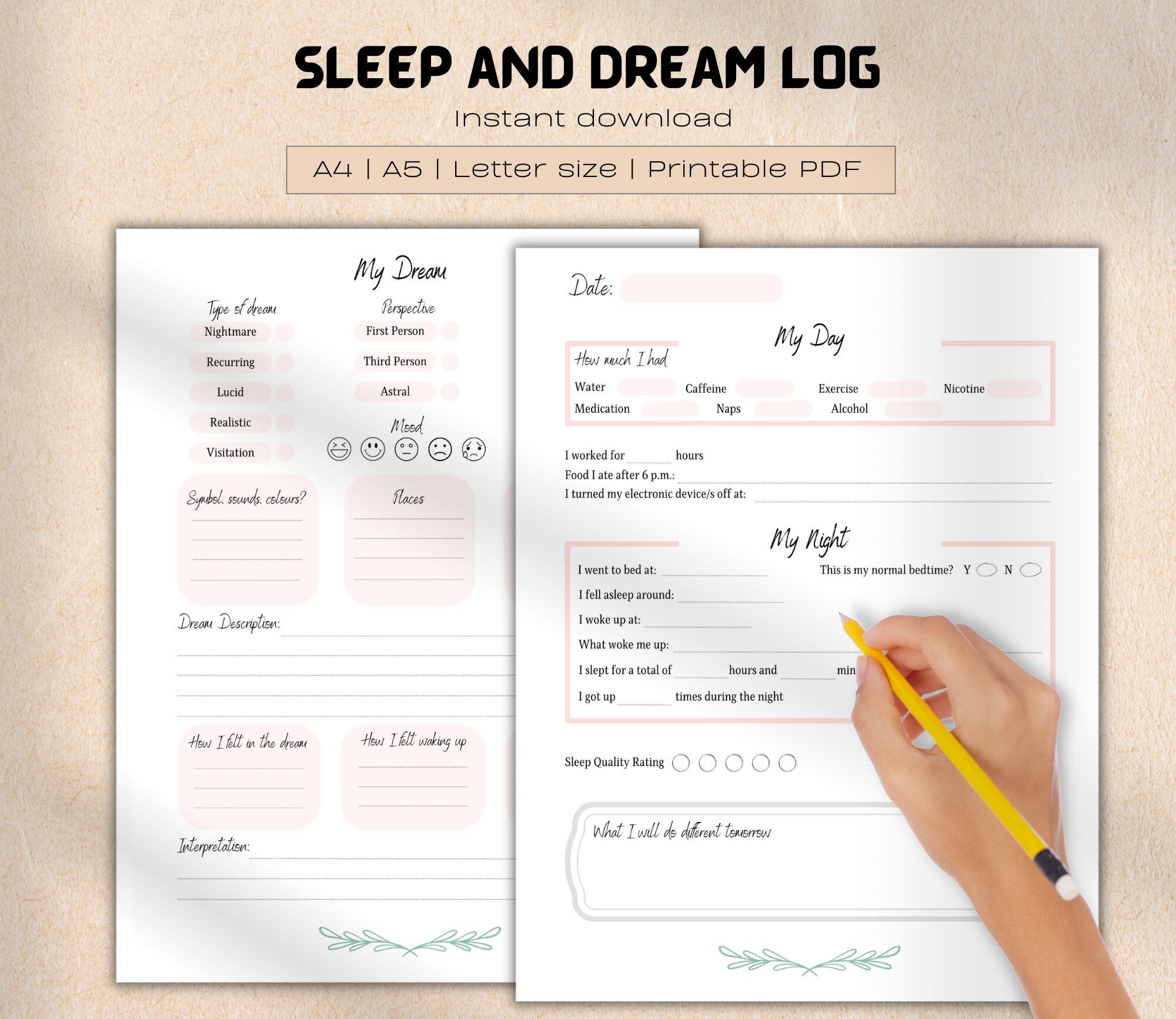 Sleep and Dream Log Printable, Daily Sleep Quality Notebook, Undated ...