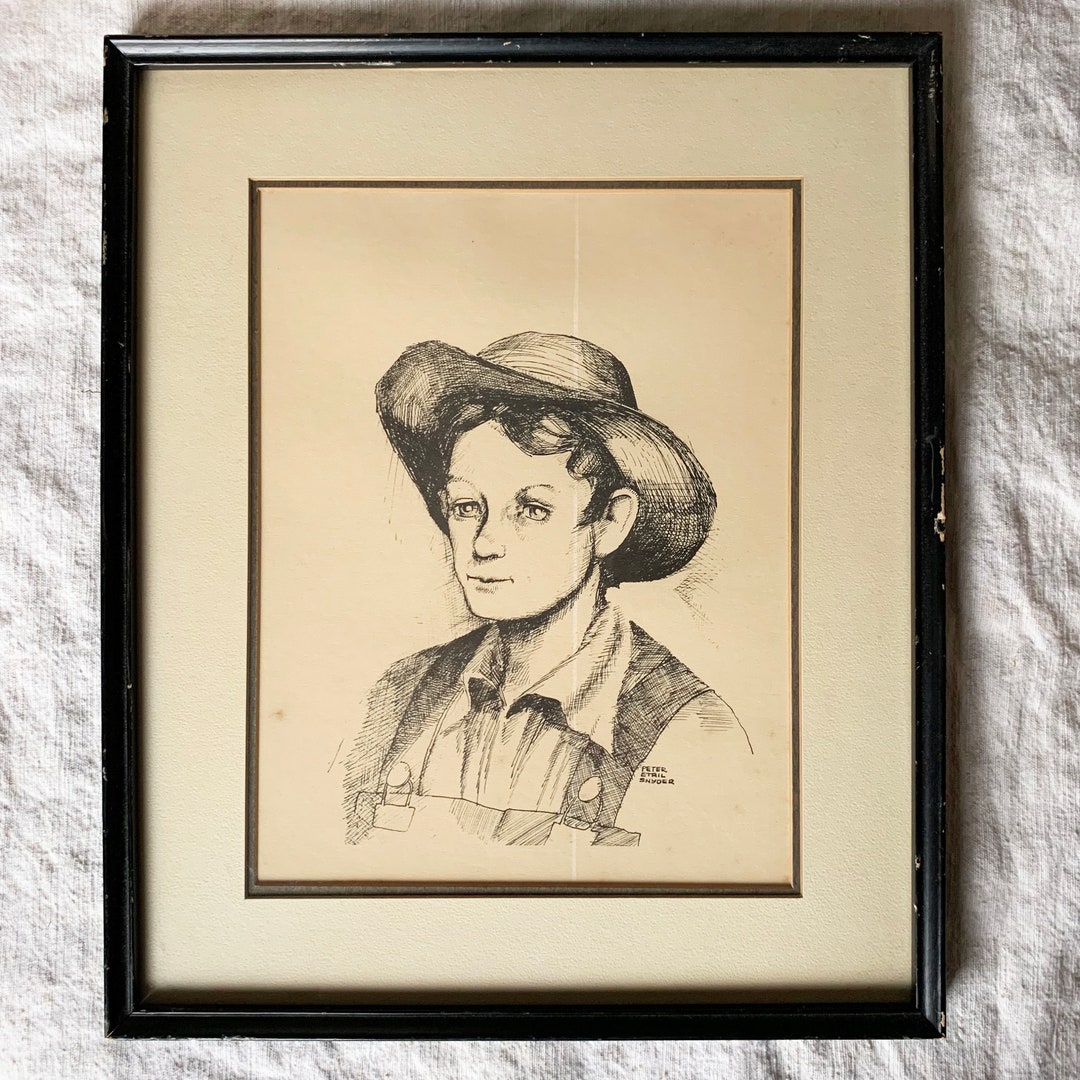 Vintage Framed Ink Drawing of a Mennonite Youth / Peter Etril Snyder ...