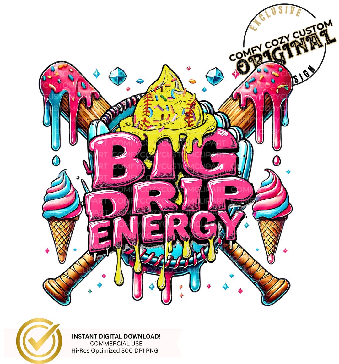 Softball Ice Cream Cone Pink Sprinkle Drip Png|big Drip Energy Icecream ...