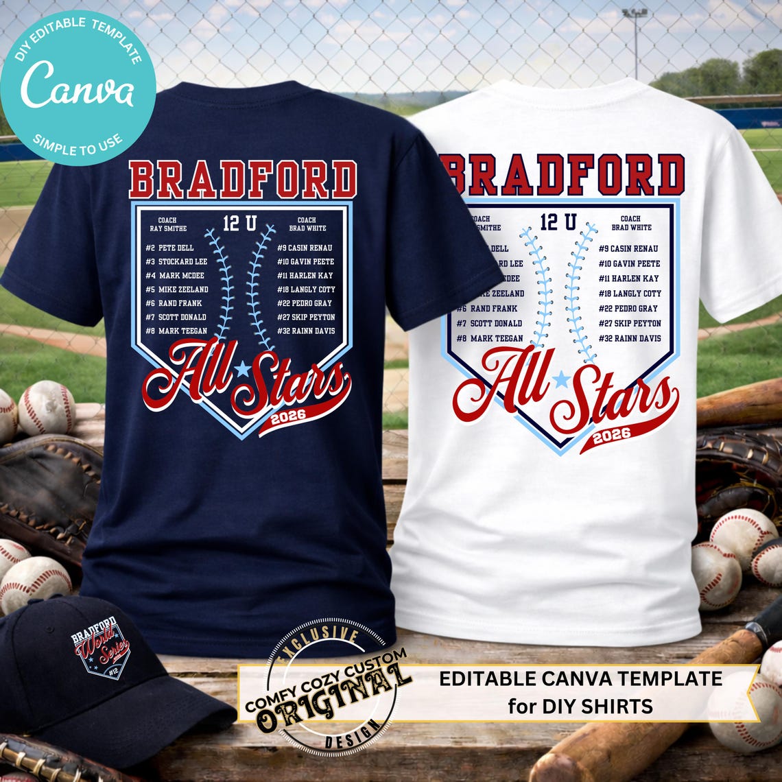 Baseball Team Roster Front and Back| DIY Editable Canva All Stars ...
