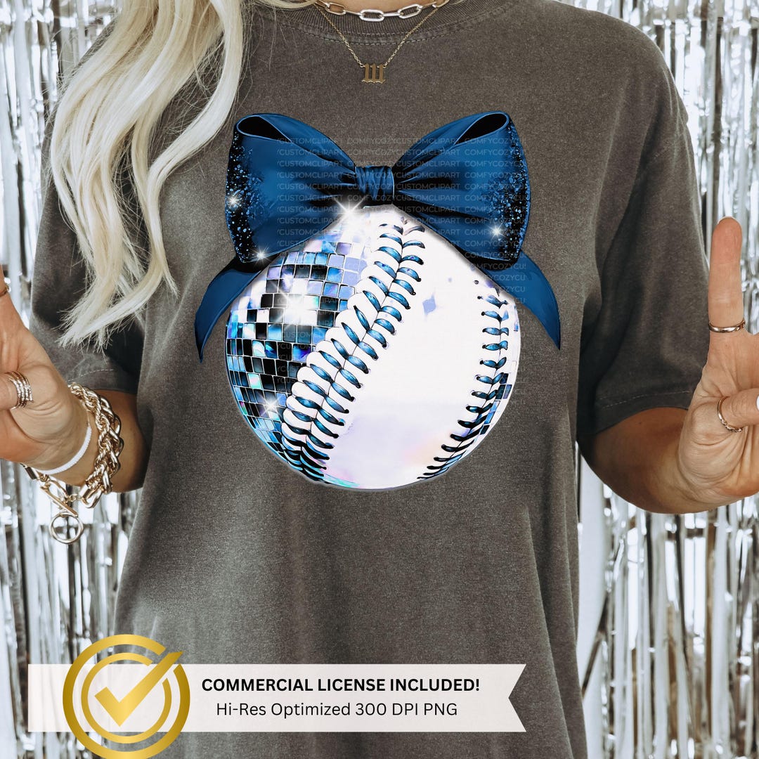 Disco Baseball With Blue Coquette Sparkle Bow PNG Instant Digital ...