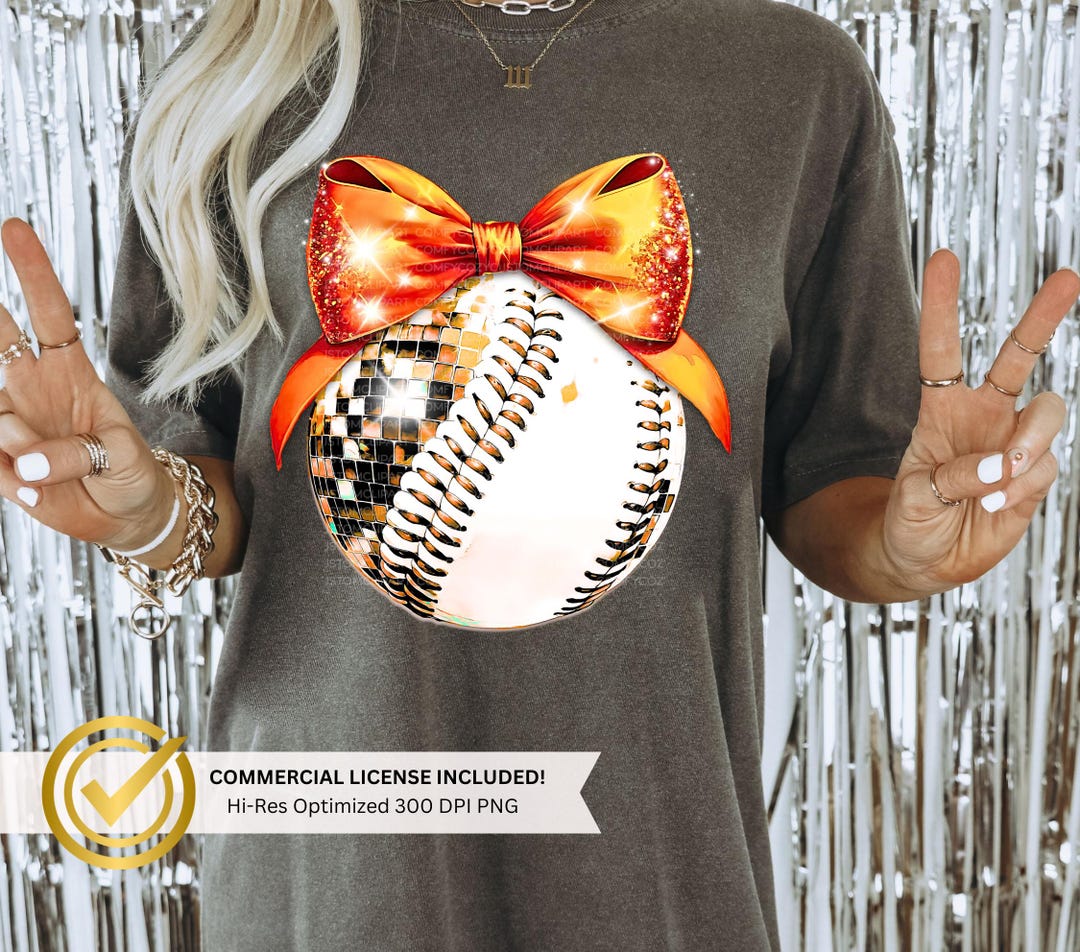 Disco Baseball With Orange Coquette Sparkle Bow PNG Instant Digital ...
