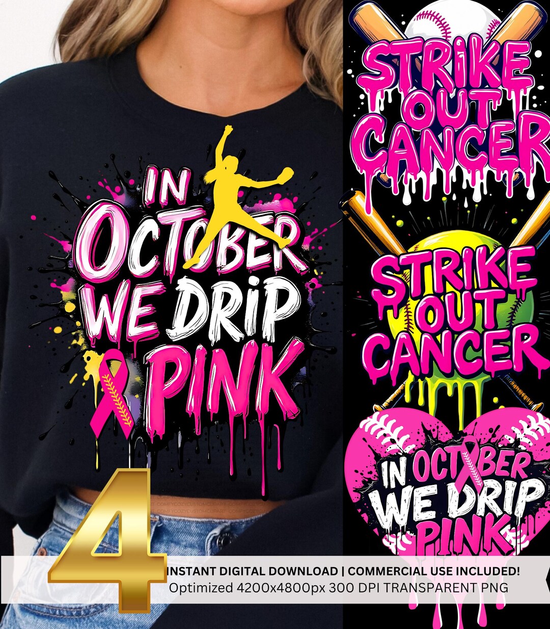 Strike Out Breast Cancer DRIPPING Bats PNG Bundle: Pink Out Softball ...