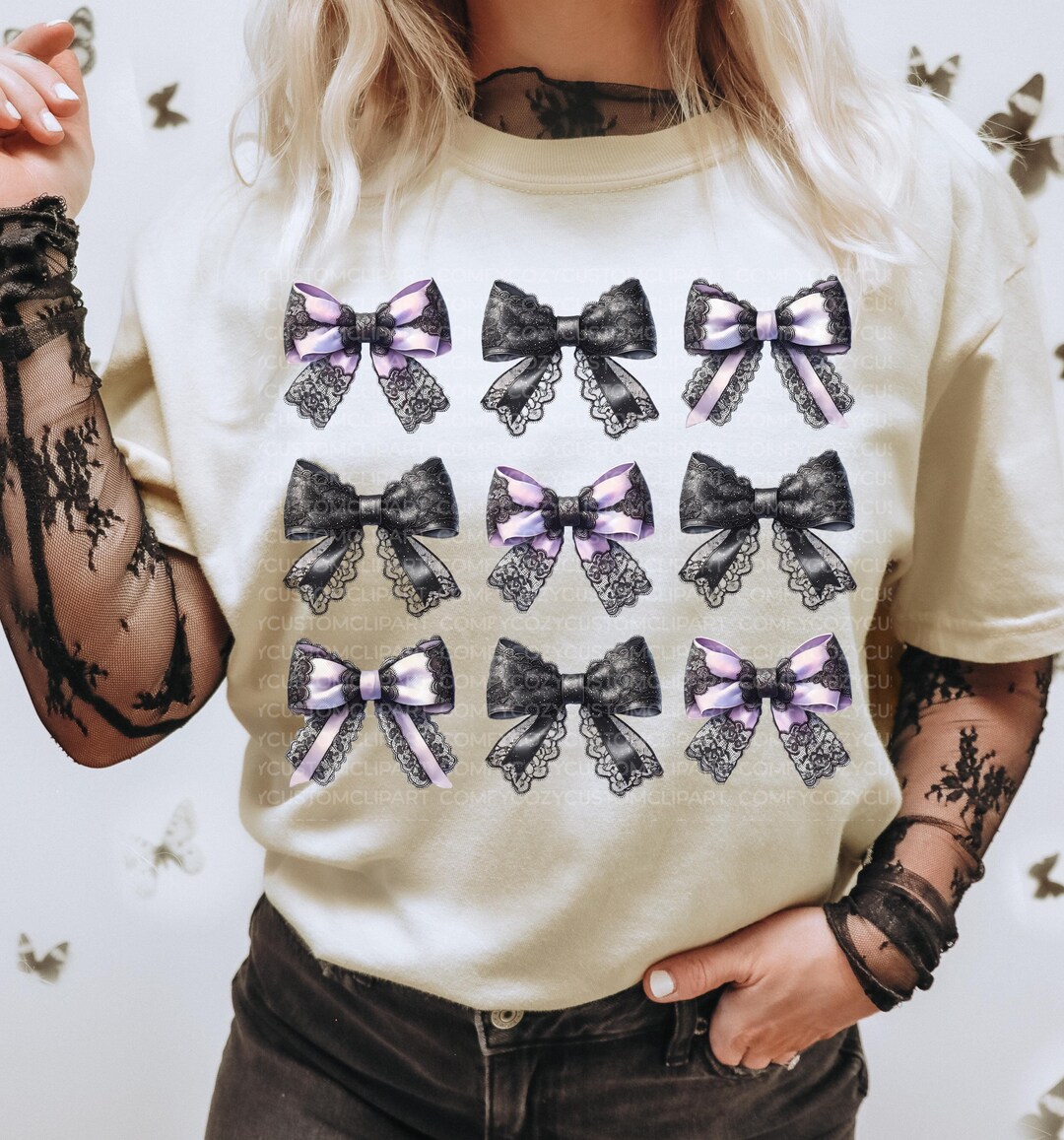 Black Lace Coquette Ribbon Bow Shirt PNG for Halloween Goth Girl|bows ...