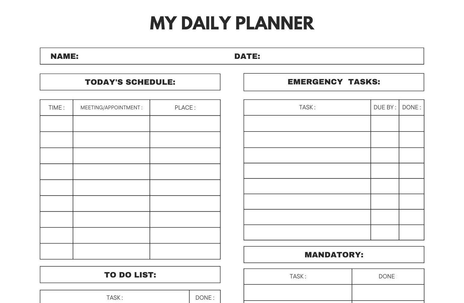 Professional Printable Daily Planner for Work Black and White ...