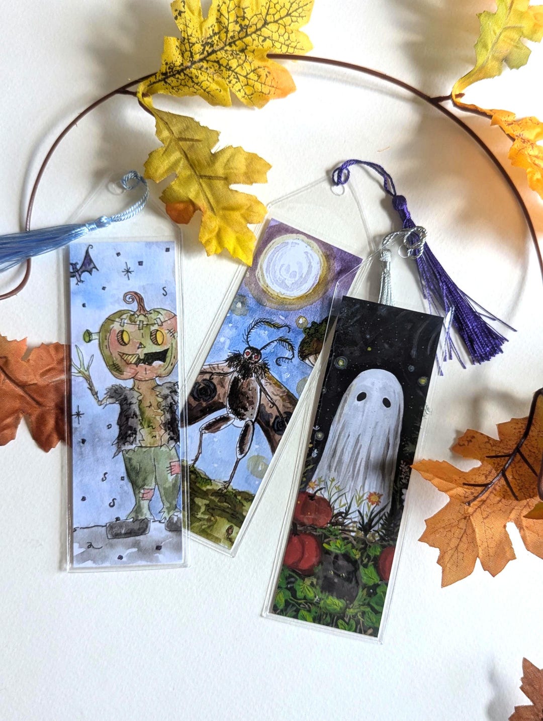 Halloween Watercolor Bookmarks With Protective Sleeve and Tassel Ghost ...