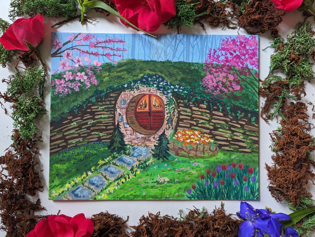 Original Spring Hobbit Hole Painting 8x10 Gouache, Fantasy Landscape ...