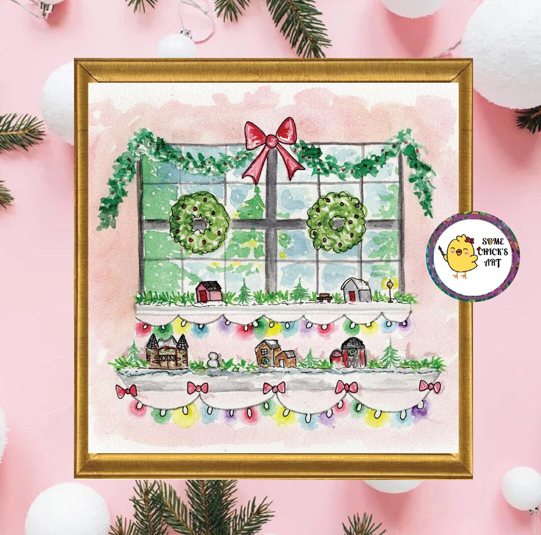 Cozy Christmas Window Display Watercolor Art Print, Christmas Village ...