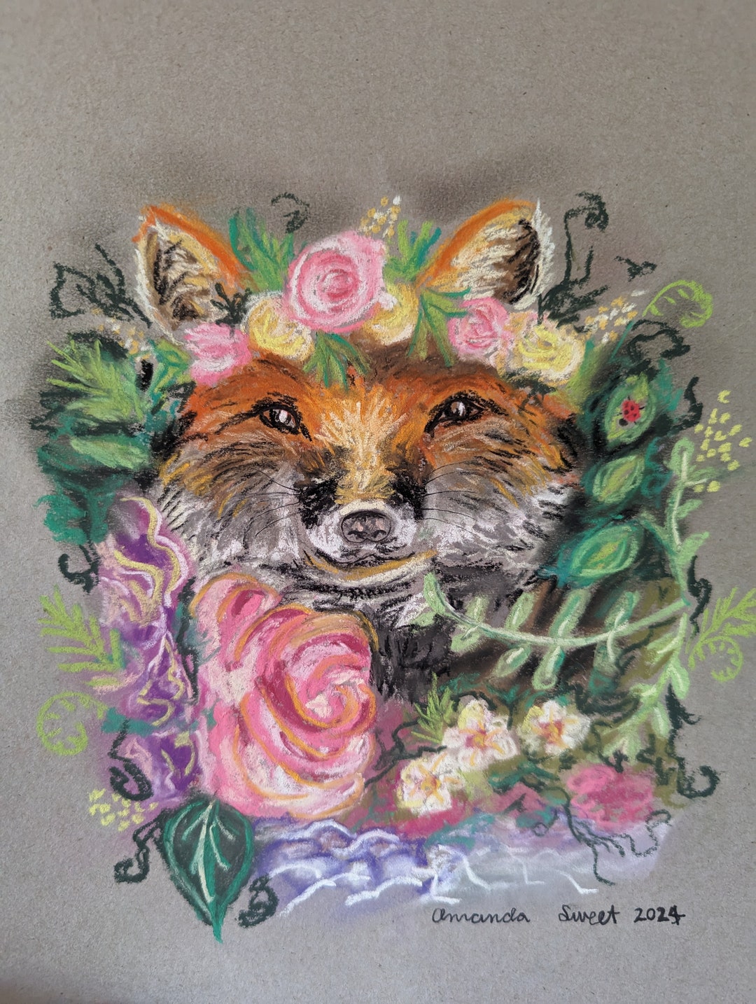 Original Floral Fox Pastel Drawing, Colorful Garden Fox Pastel Drawing ...