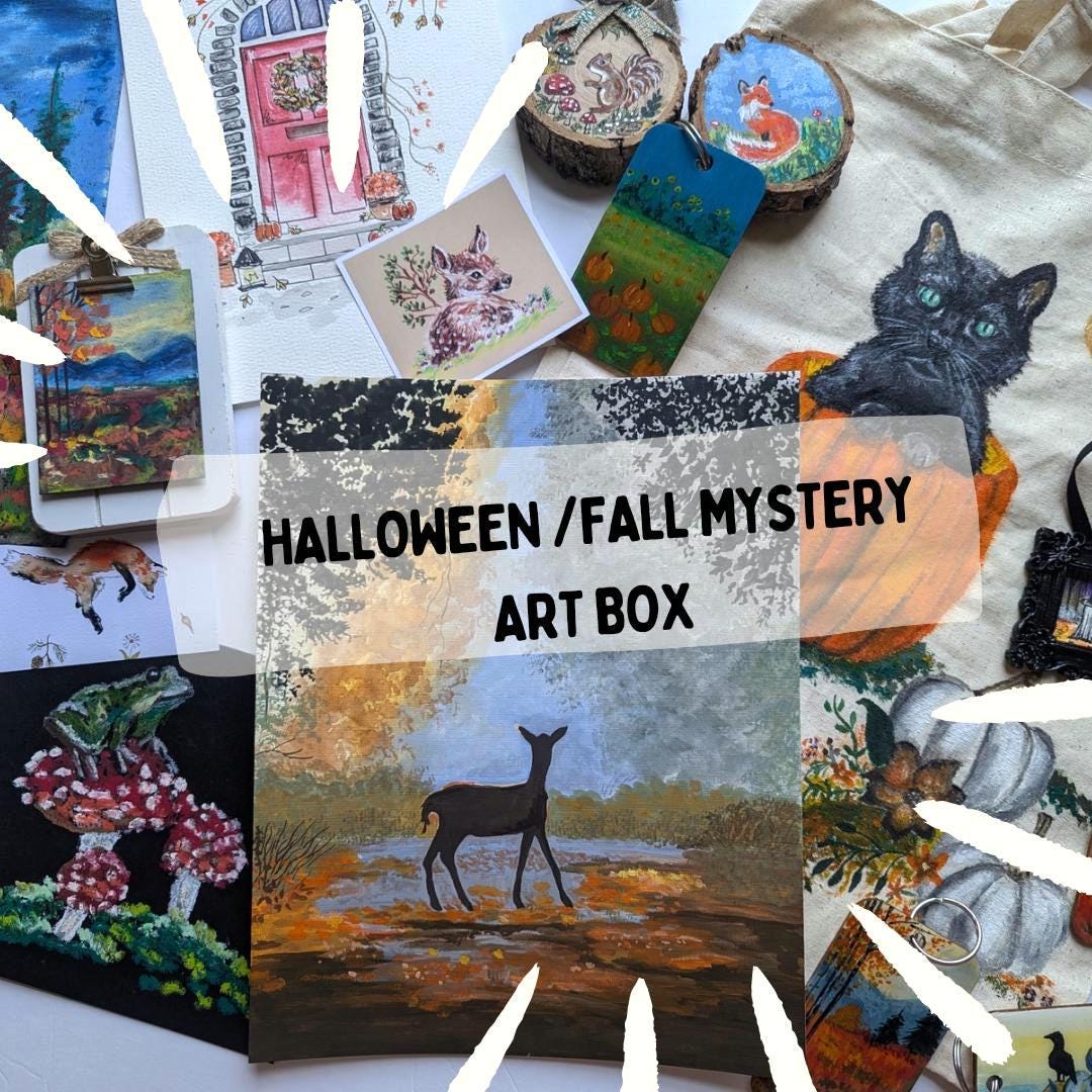 Spooky Fall Mystery Box, Mixed Media Autumn Artwork, Colorful Halloween ...