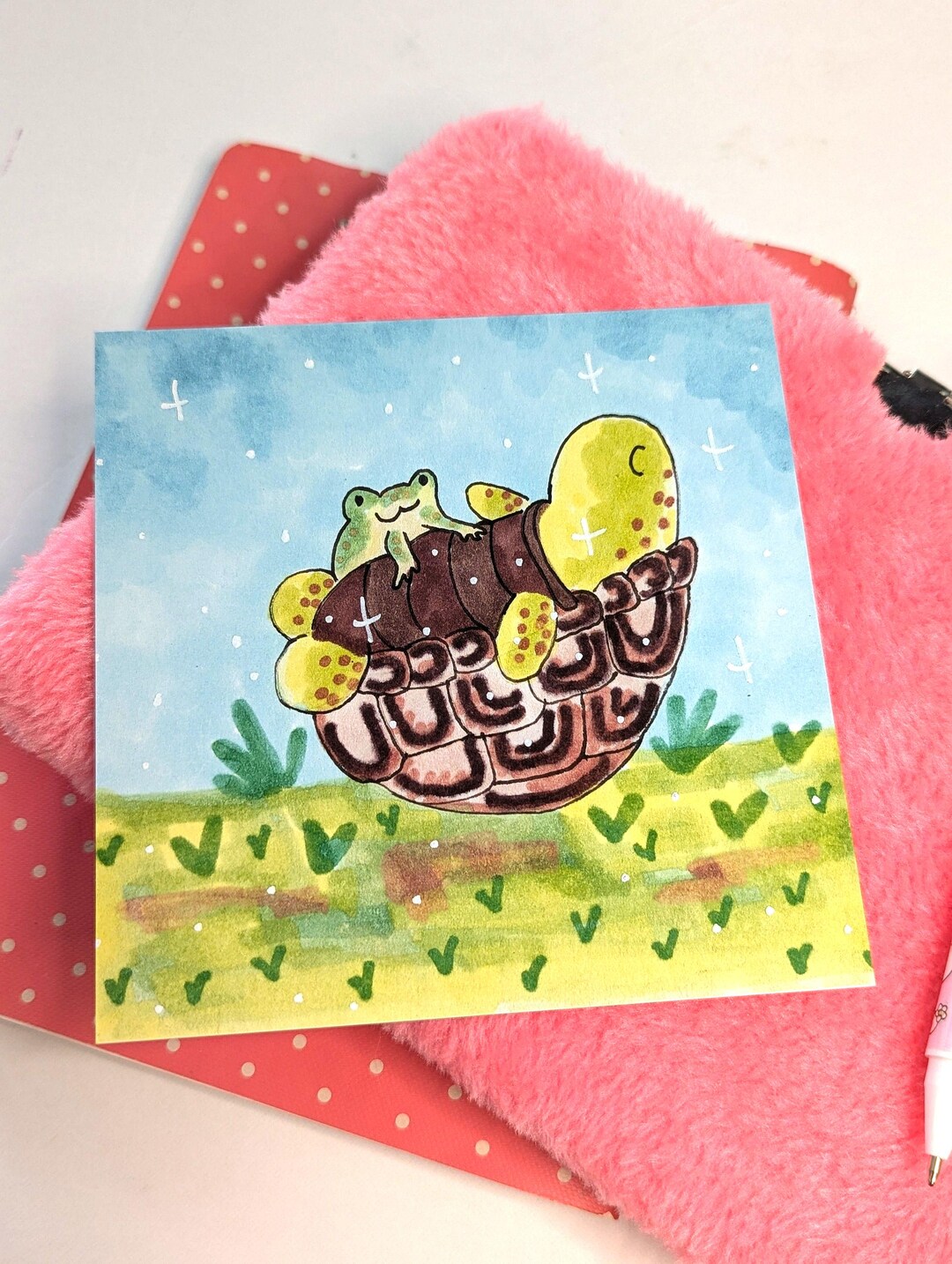 Tortoise and Frog Play, Kawaii Mini Prints, Postcard Style, 5x5 Small ...