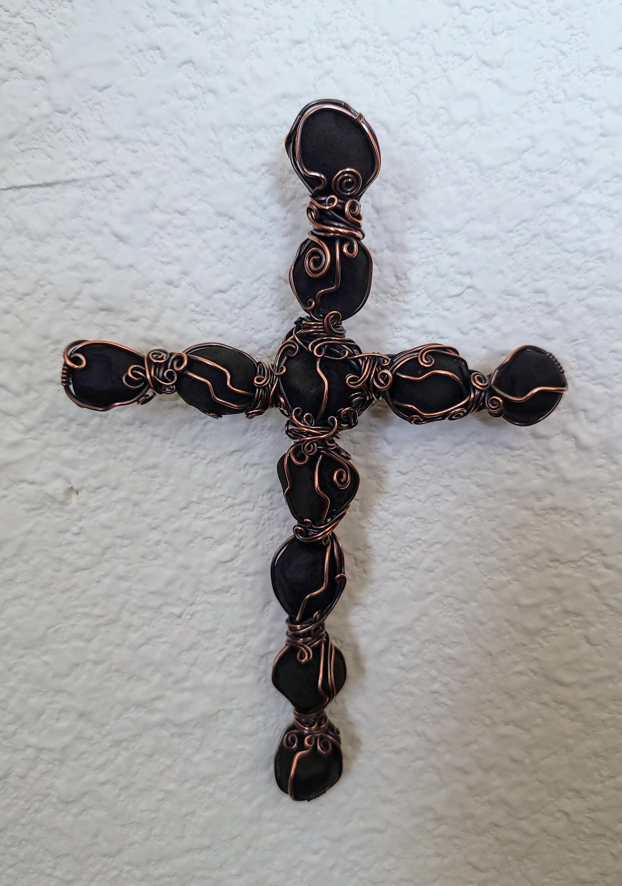 Obsidian & Antiqued Copper Cross 6", Wire Wrapped Cross, Small Wall ...