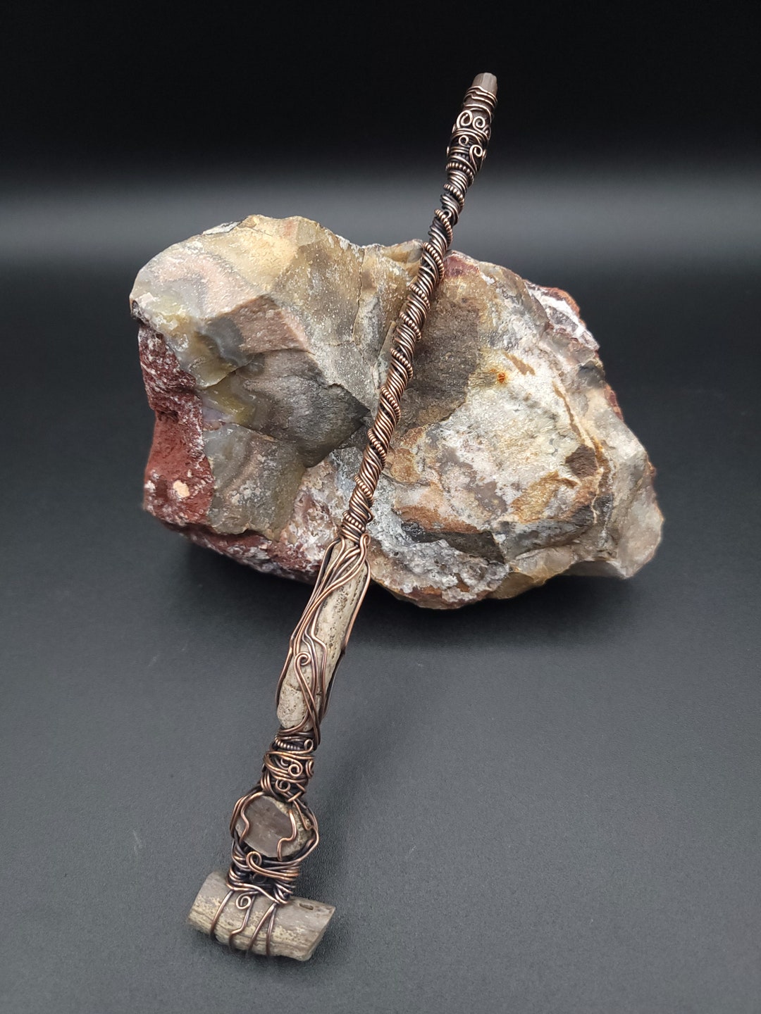 Petrified Wood Wand 9", Altar Wand, Ritual Tool, Copper and Crystal ...