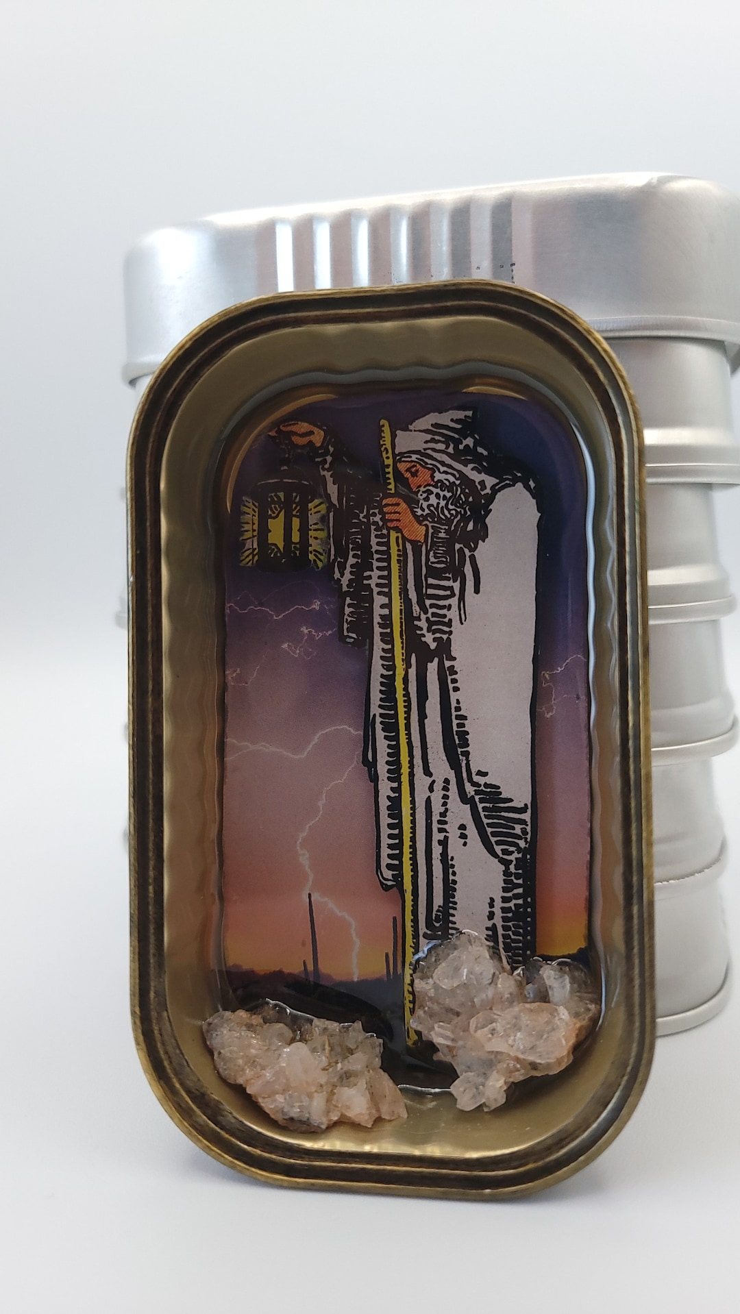 The Hermit Tarot Collage: Sardine Can Art With Quartz Crystals - Etsy