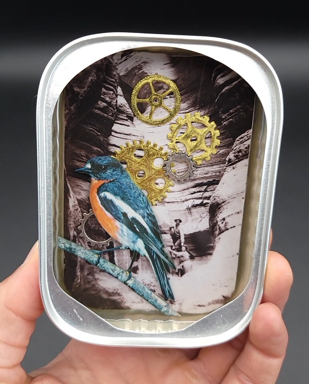 Sardine Can Collage Art: Bird & Gears Resin Magnet - Etsy