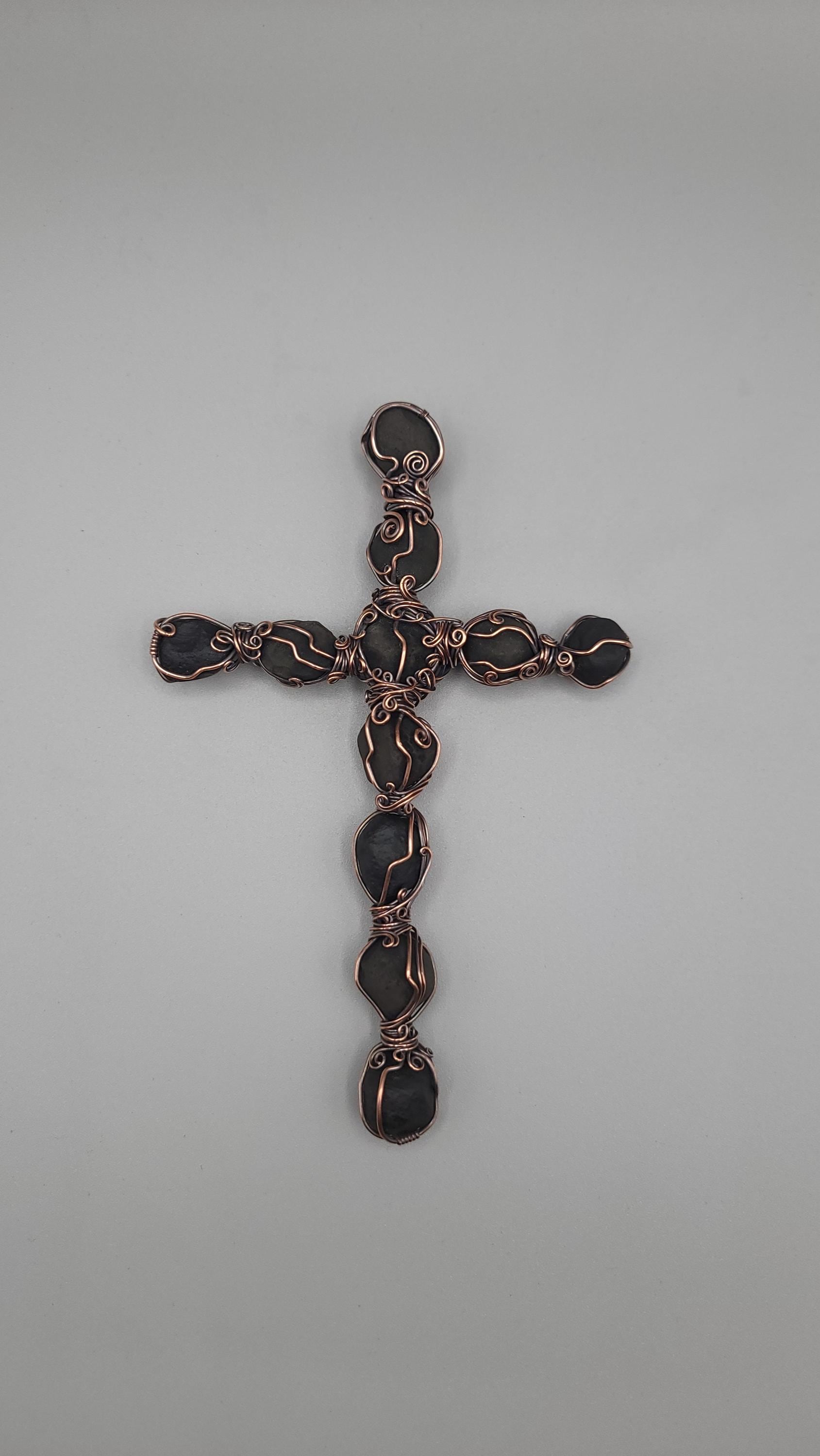Obsidian & Antiqued Copper Cross 6", Wire Wrapped Cross, Small Wall ...