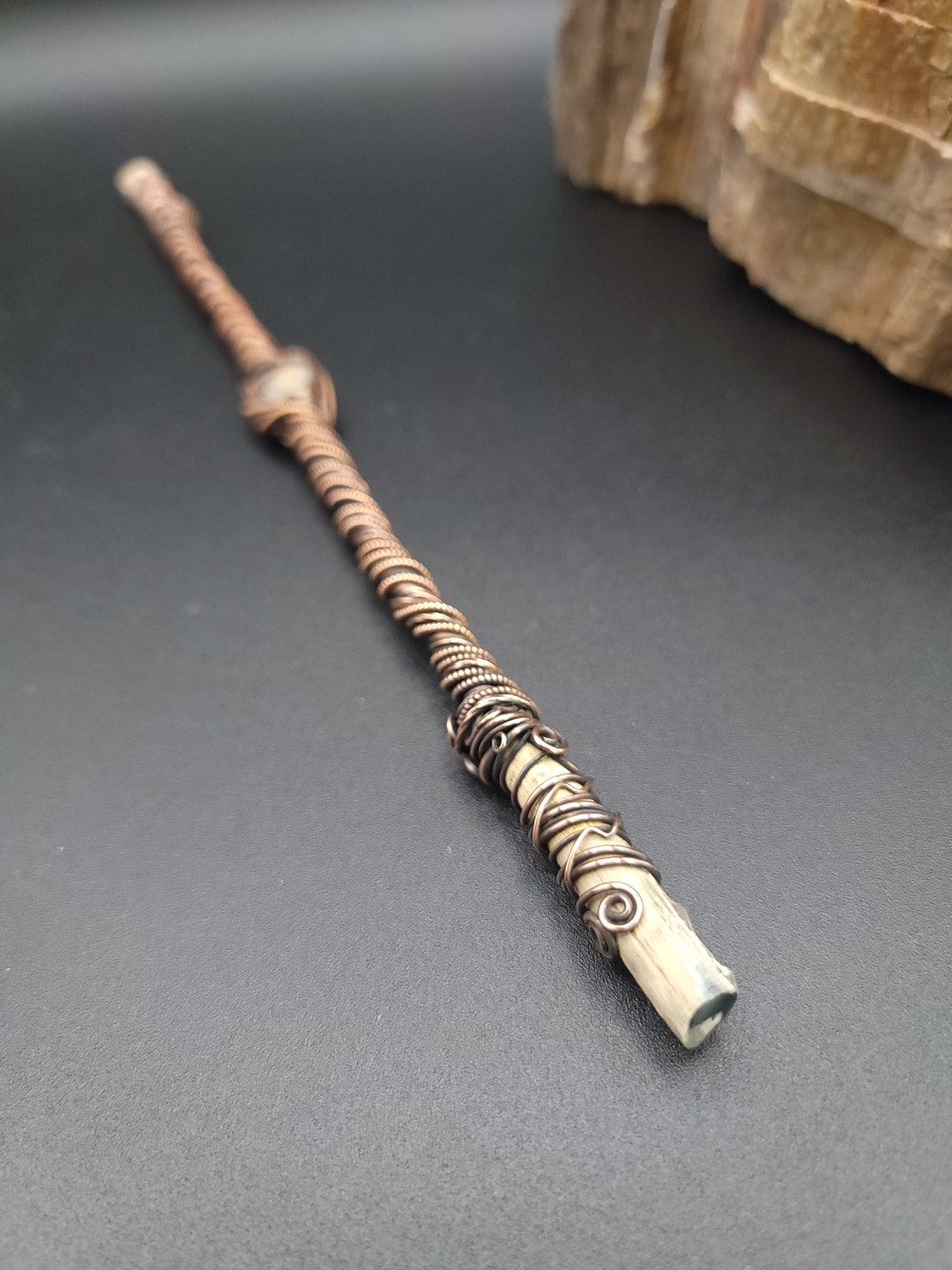 Petrified Wood Wand 12", Altar Wand, Ritual Tool, Copper and Crystal ...