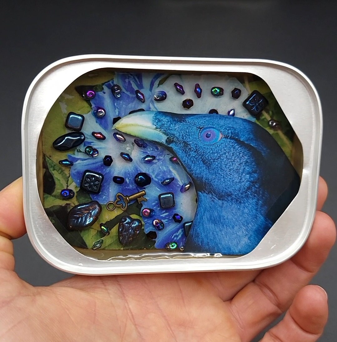 Sardine Can Collage Art: Bluebird Resin Magnet, Mixed Media Decor - Etsy