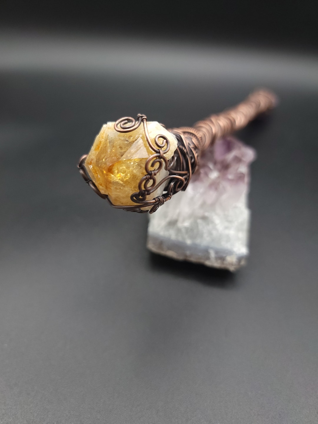 Citrine & Amethyst Wand, Altar Wand, Ritual Tool, Copper and Crystal ...