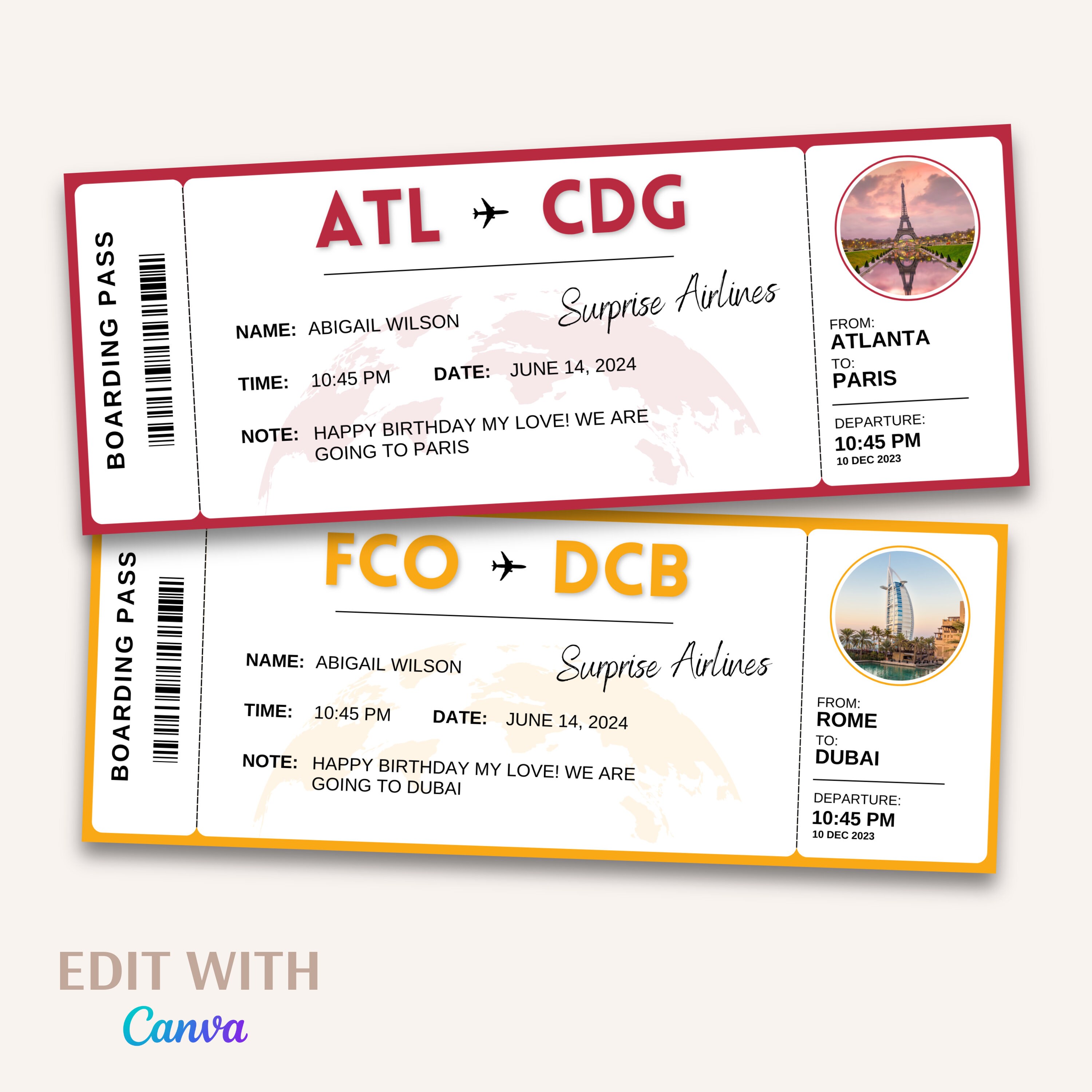 Editable Boarding Pass Template for Couples, Surprise Travel Gift ...