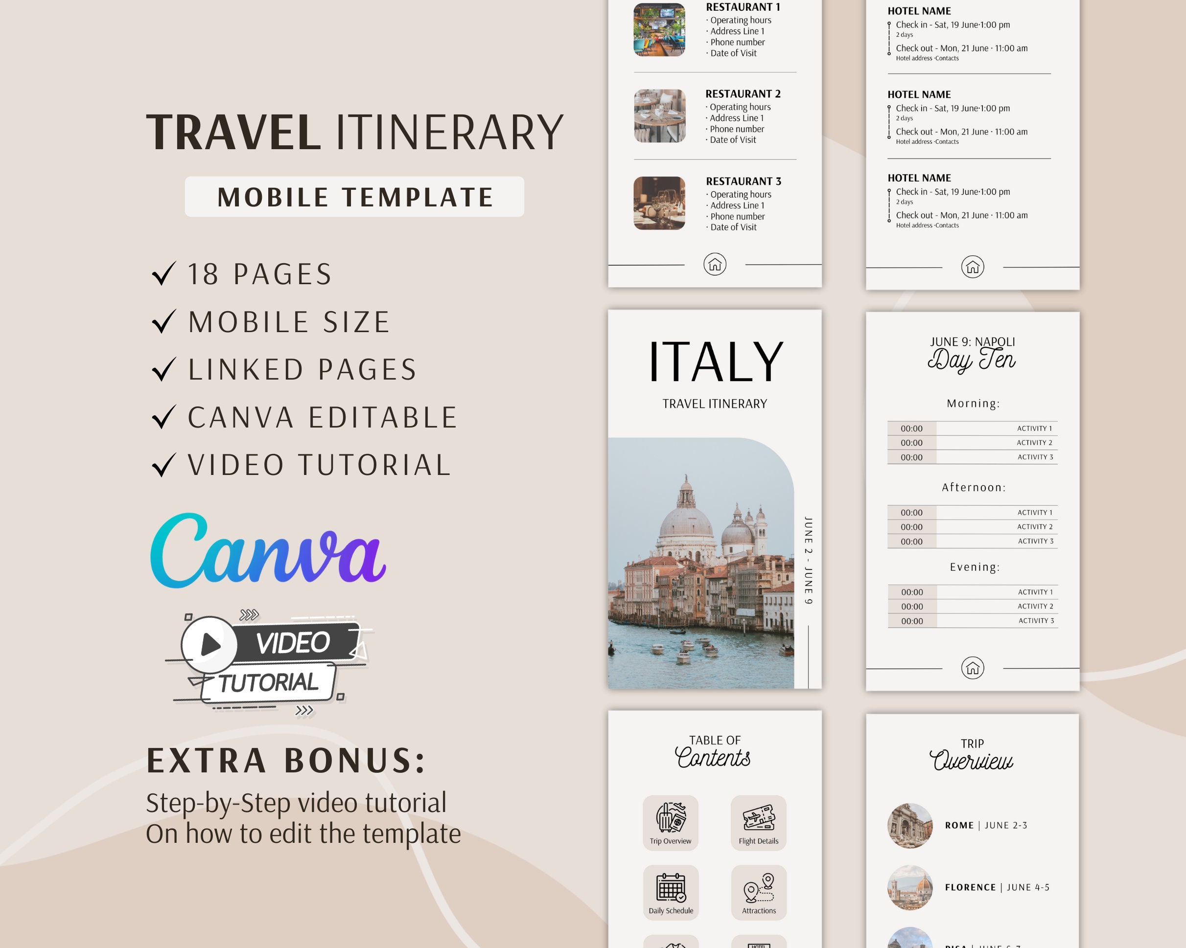 Mobile Italy Travel Itinerary Canva Editable Template, Digital ...