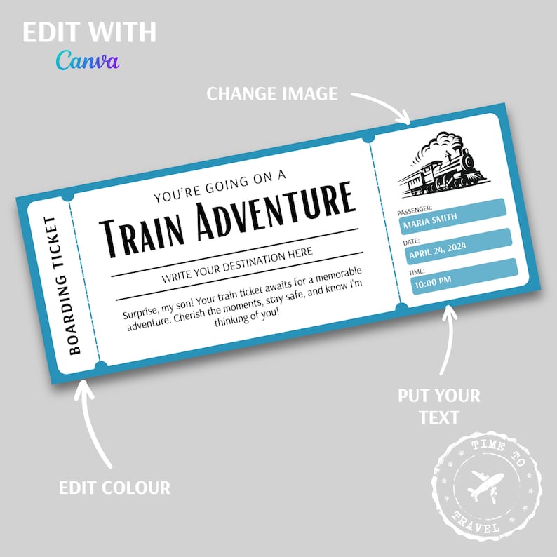 Train Ticket Editable Canva Template Surprise, Special Birthday Voucher ...