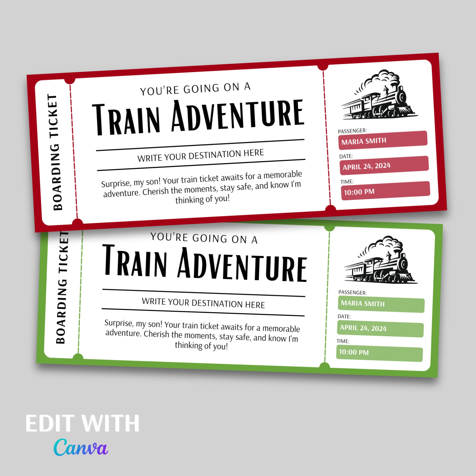 Train Ticket Editable Canva Template Surprise, Special Birthday Voucher ...