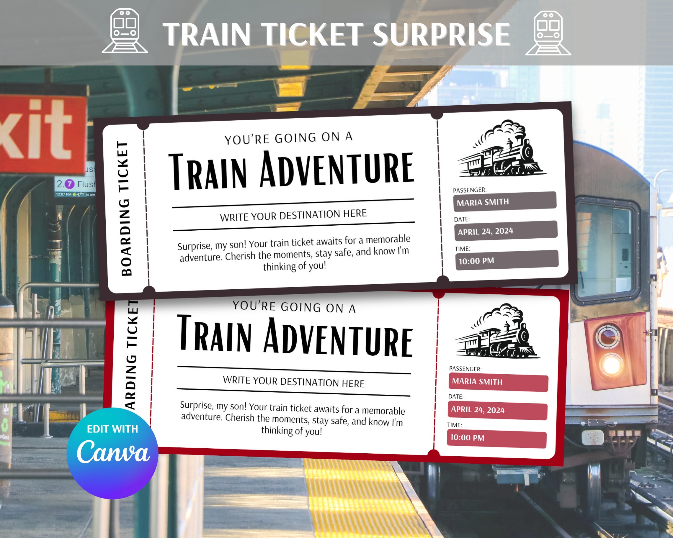 Train Ticket Editable Canva Template Surprise, Special Birthday Voucher ...
