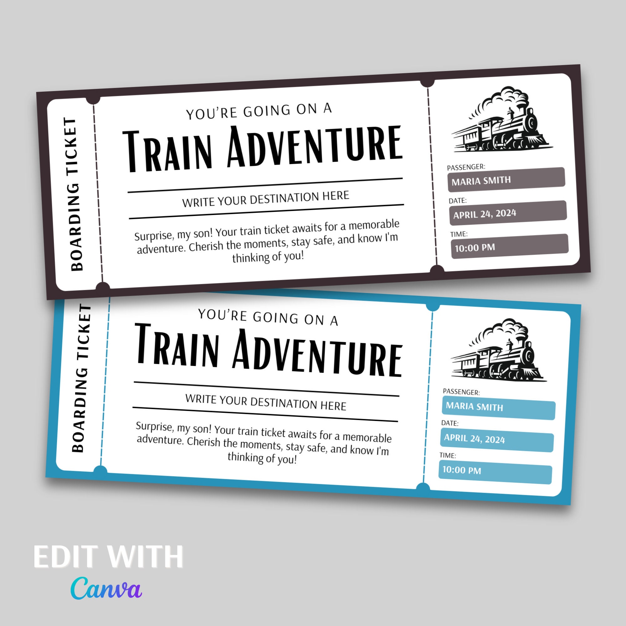 Train Ticket Editable Canva Template Surprise, Special Birthday Voucher ...