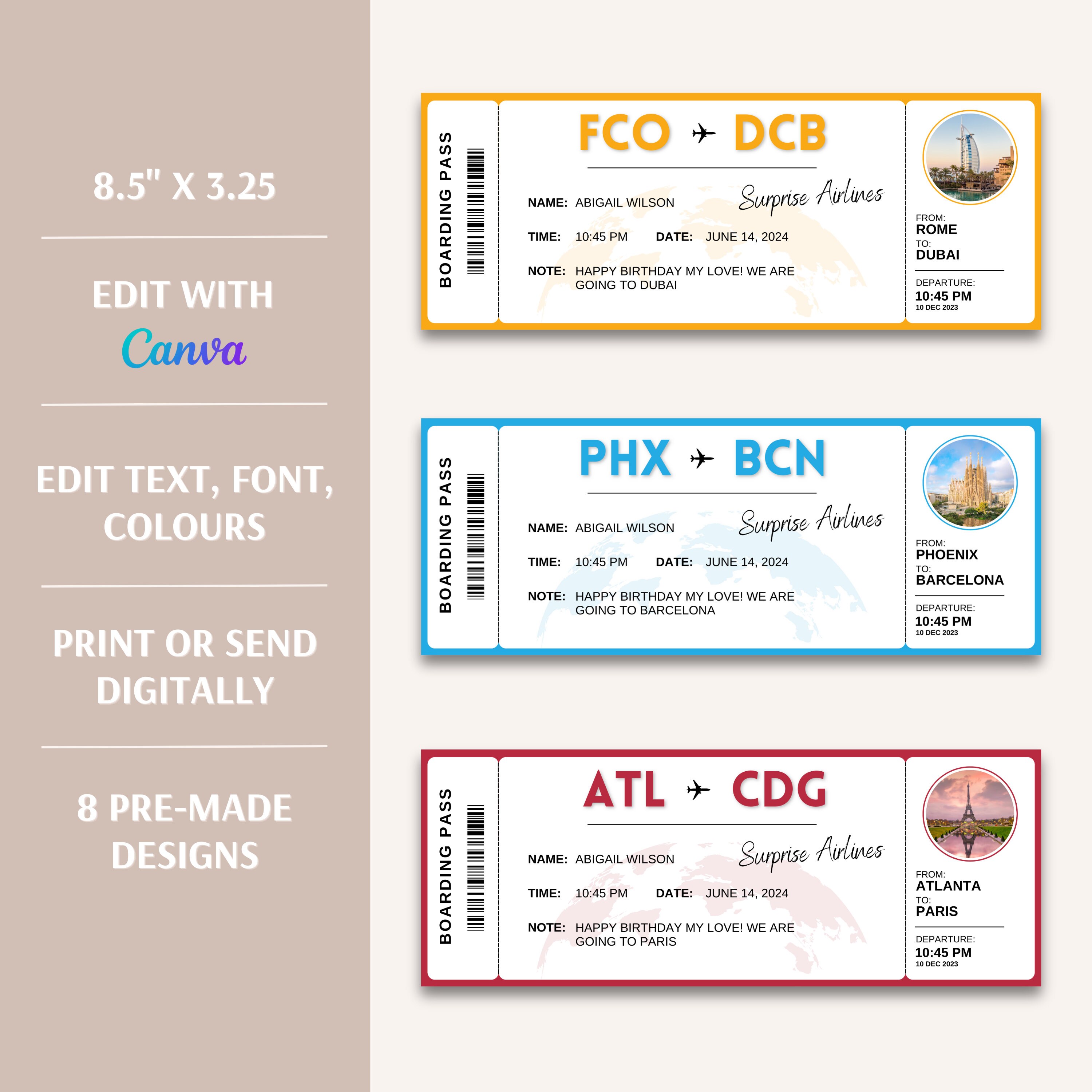Editable Boarding Pass Template for Couples, Surprise Travel Gift ...