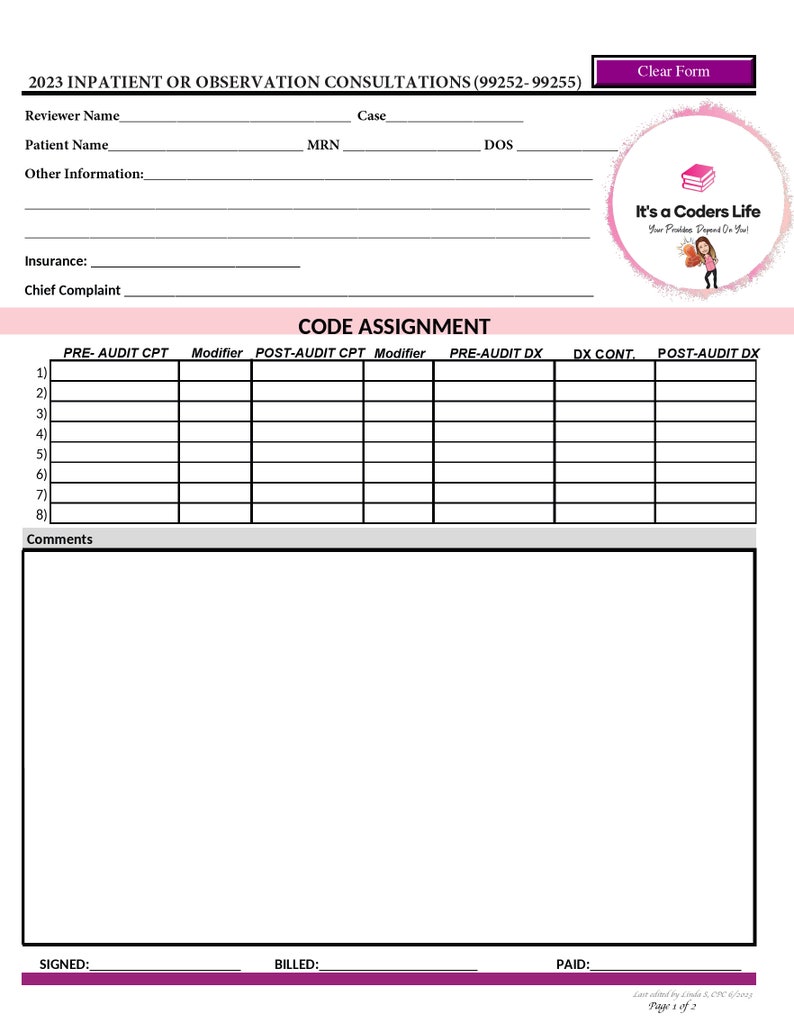 AMA 2023 FILLABLE PDF Inpatient or Observation Consultations - Etsy