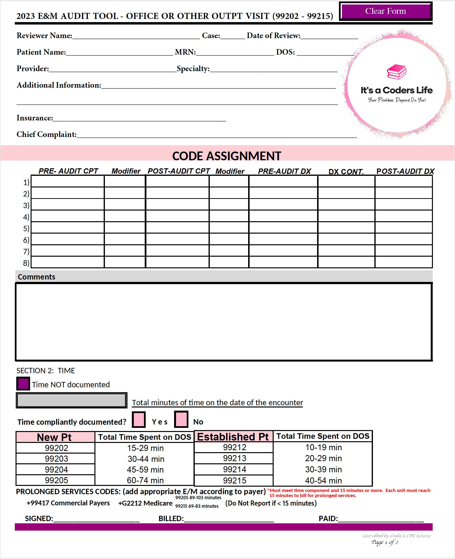 AMA 2023 FILLABLE PDF Outpatient E/M Audit Tool Worksheet. Improve Data Input With This ...
