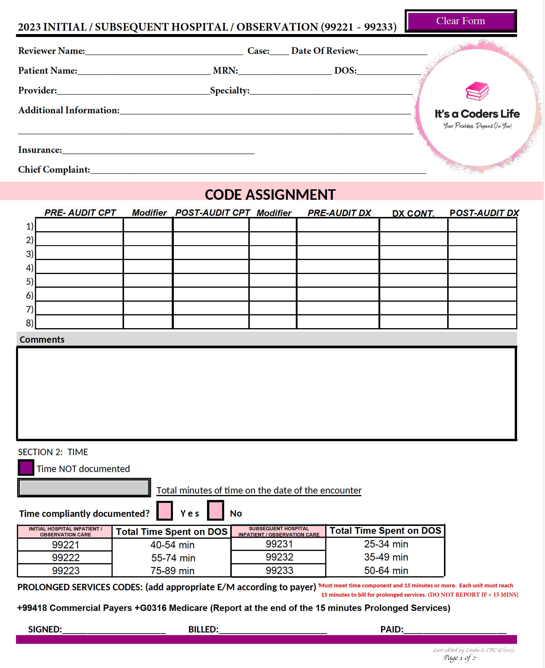 2023 E/M Worksheet – Initial Hospital Observation MDM Table (fillable ...