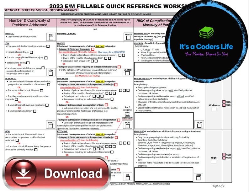 AMA'S 2023 (9 Pages) Fillable E/M MDM Guide Printable PDF Portfolio ...